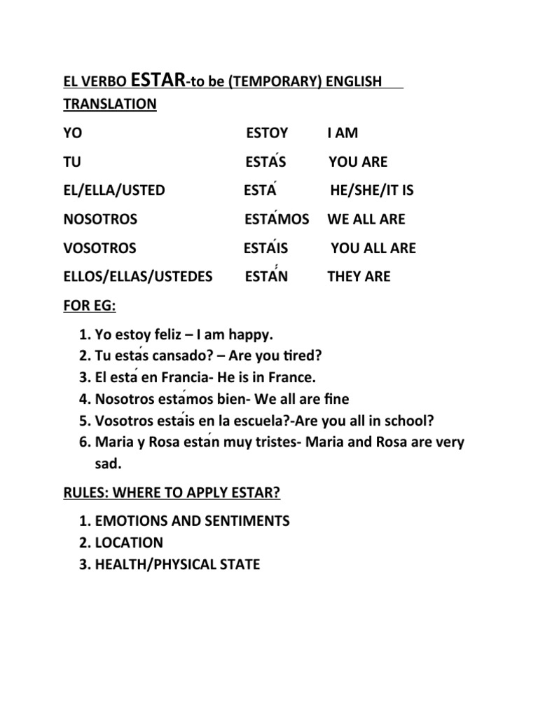 El Verbo Estar Notes | PDF