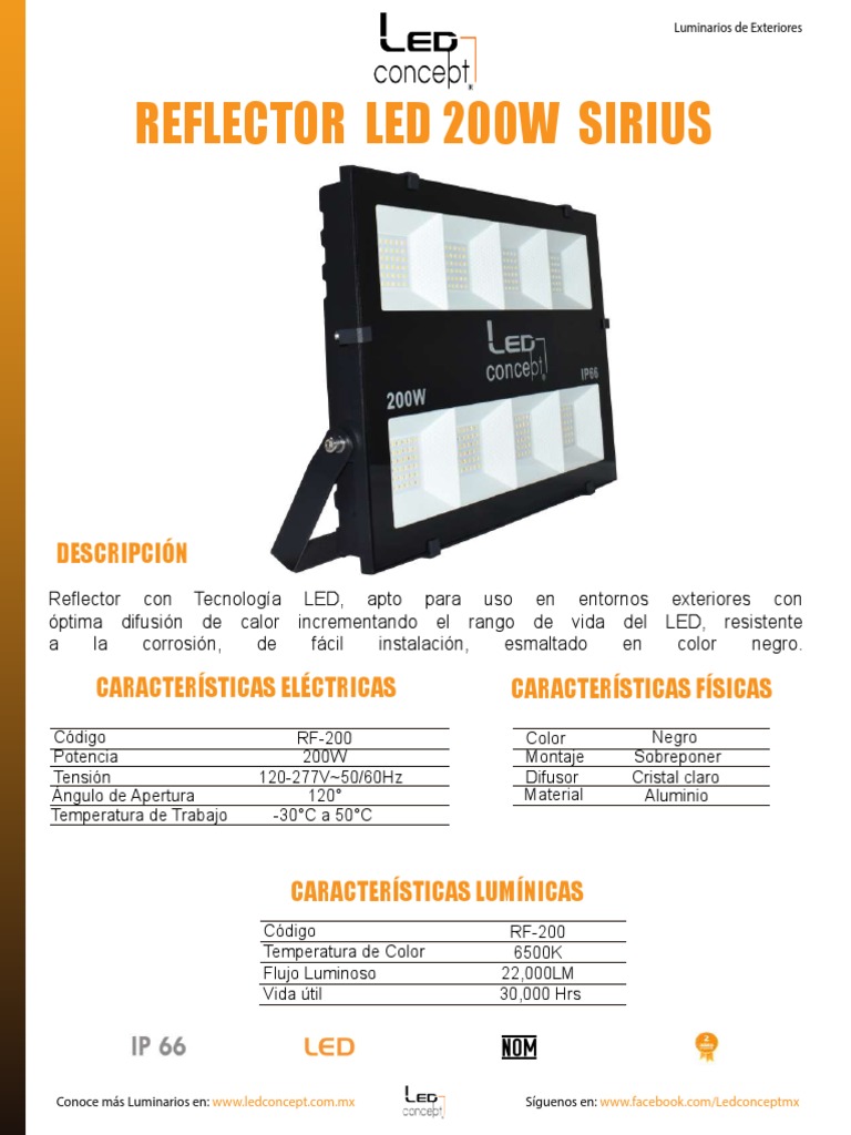 Reflector LED 200W Sirius: Características y Usos | PDF
