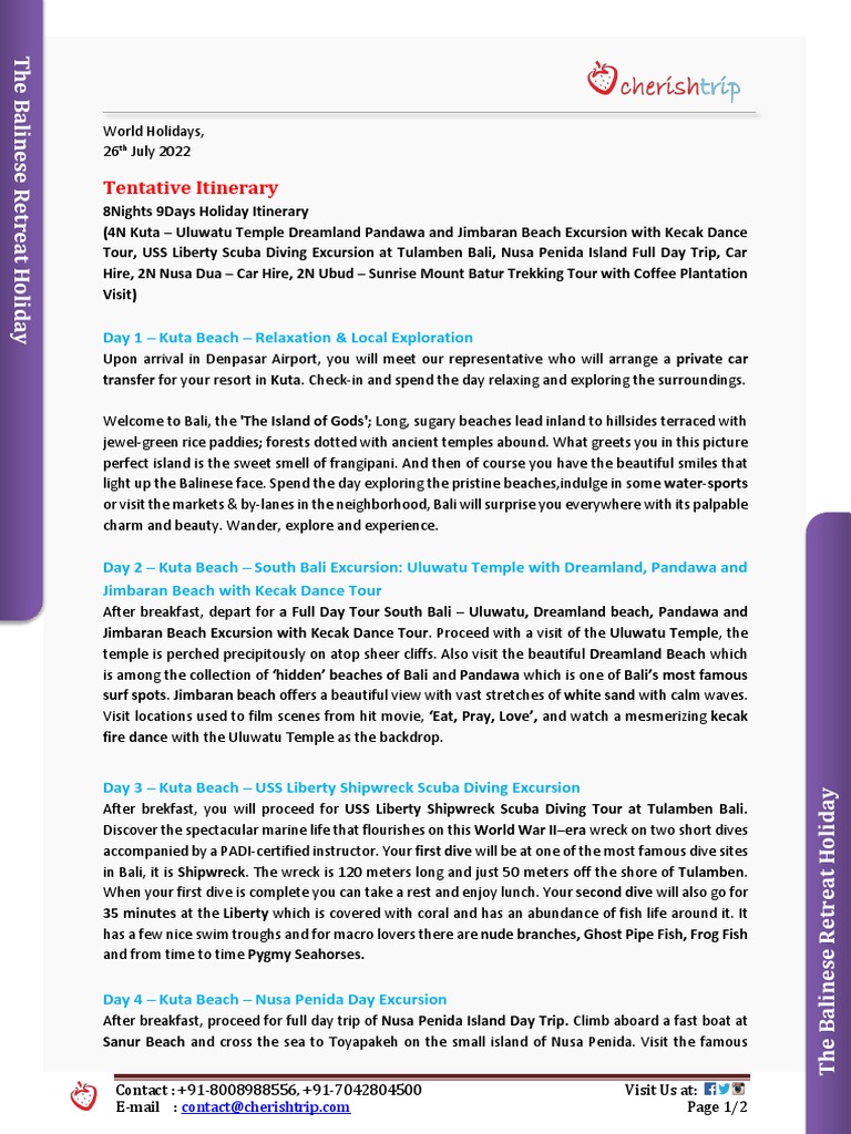 The Balinese Retreat Holiday - Tentative Itinerary - CherishTrip | PDF ...
