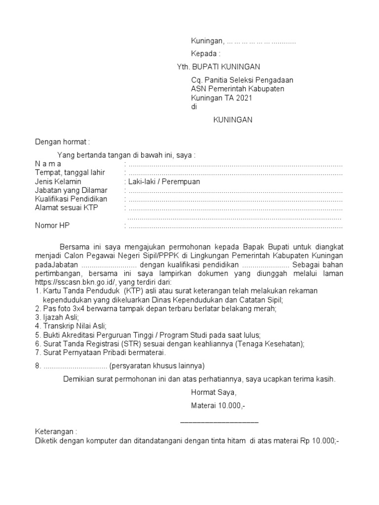 Contoh Surat Lamaran ASN Kuningan | PDF