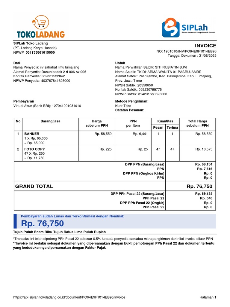 Invoice Pembayaran SIPLAH Toko Ladang | PDF