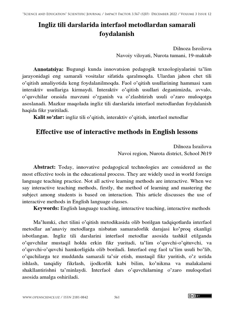 Ingliz Tili Darslarida Interfaol Metodlardan Samarali Foydalanish | PDF | Science | Human ...