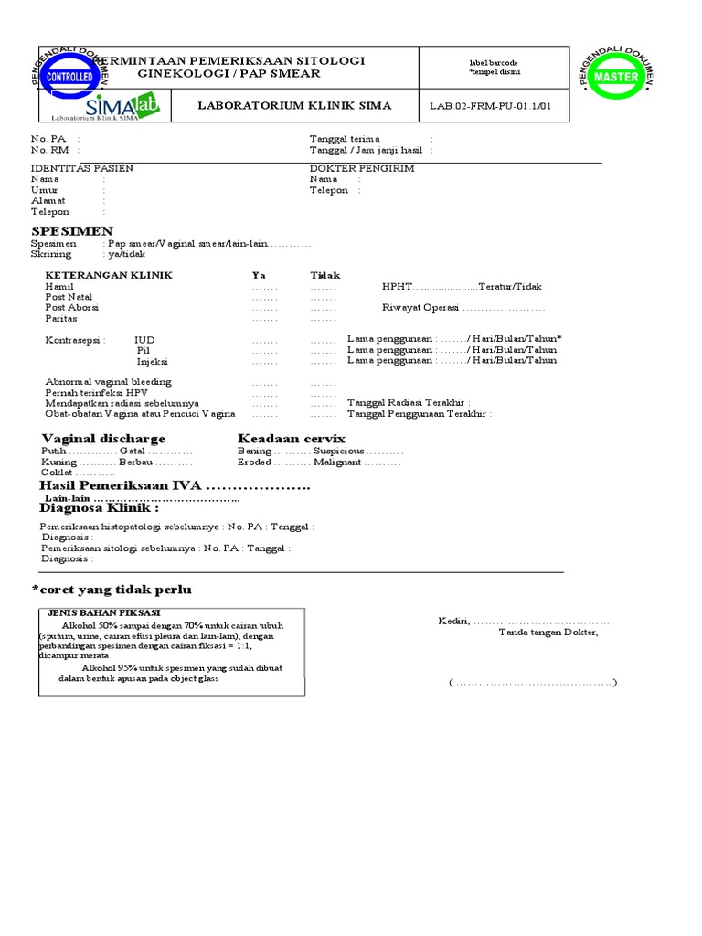 Lab.02-Frm-Pu-01.1-01 Formulir Permintaan Papsmear | PDF