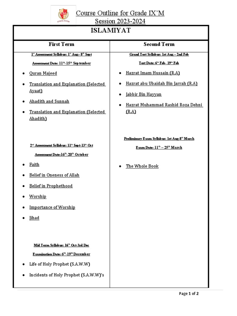 Course Outline Islamiyat IX'M 2023-24 | PDF