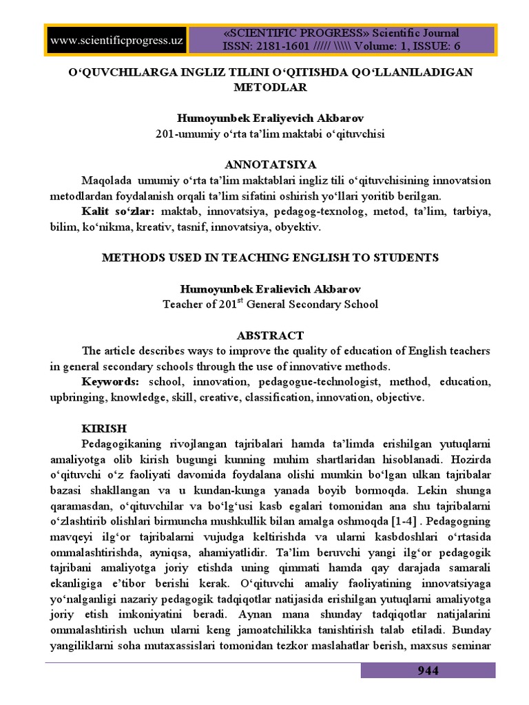 O Quvchilarga Ingliz Tilini o Qitishda Qo Llaniladigan Metodlar | PDF