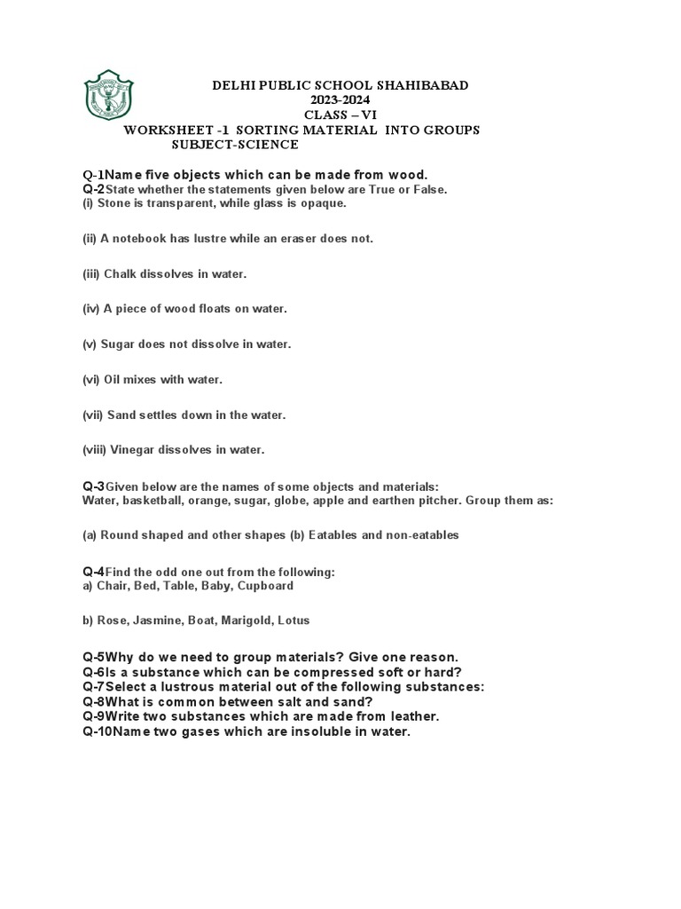 Class 6 Science: Sorting Materials Worksheet | PDF