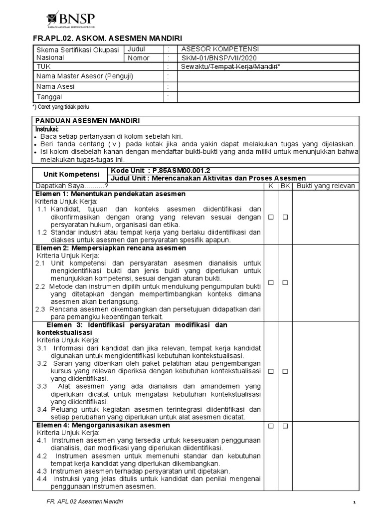 FR - APL.02 Asesmen Mandiri | PDF