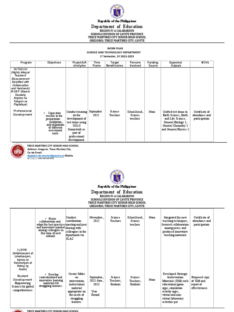 SCIENCE WORK PLAN_1ST SEM 2022-2023 (1) | PDF | Science | Science ...