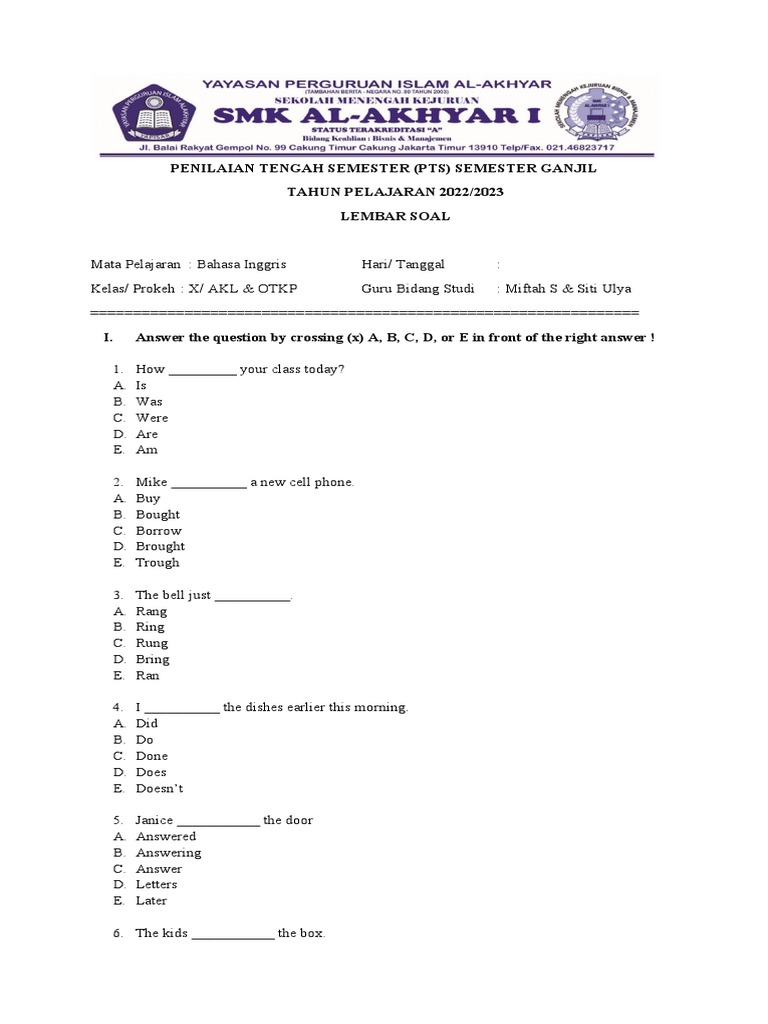 Soal PTS Bahasa Inggris Kelas X 2022 | PDF
