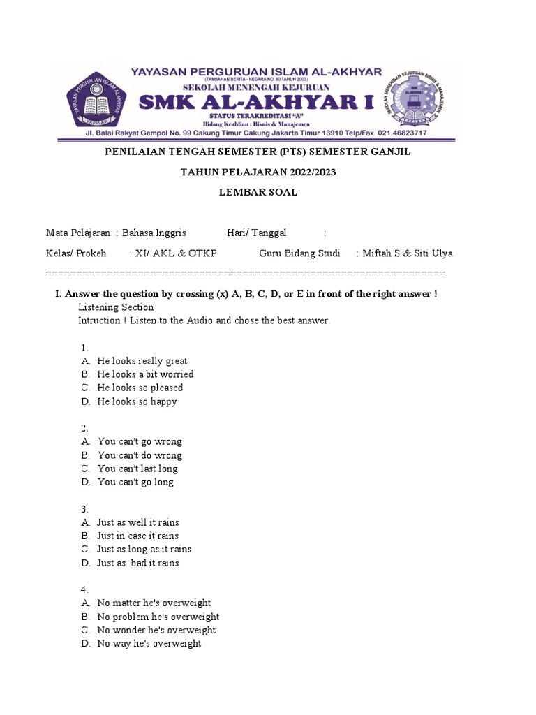Soal PTS Ganjil Bahasa Inggris Kelas XI 2022 | PDF