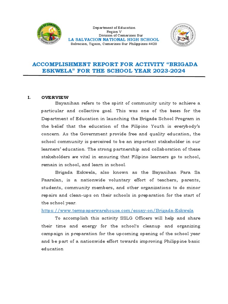Accomplishment Report For Brigada Eskwela | PDF | Behavior Modification ...