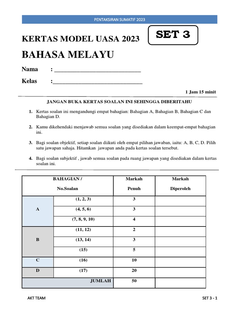 Set 3 Kertas Model Uasa Bahasa Melayu 2023 | PDF