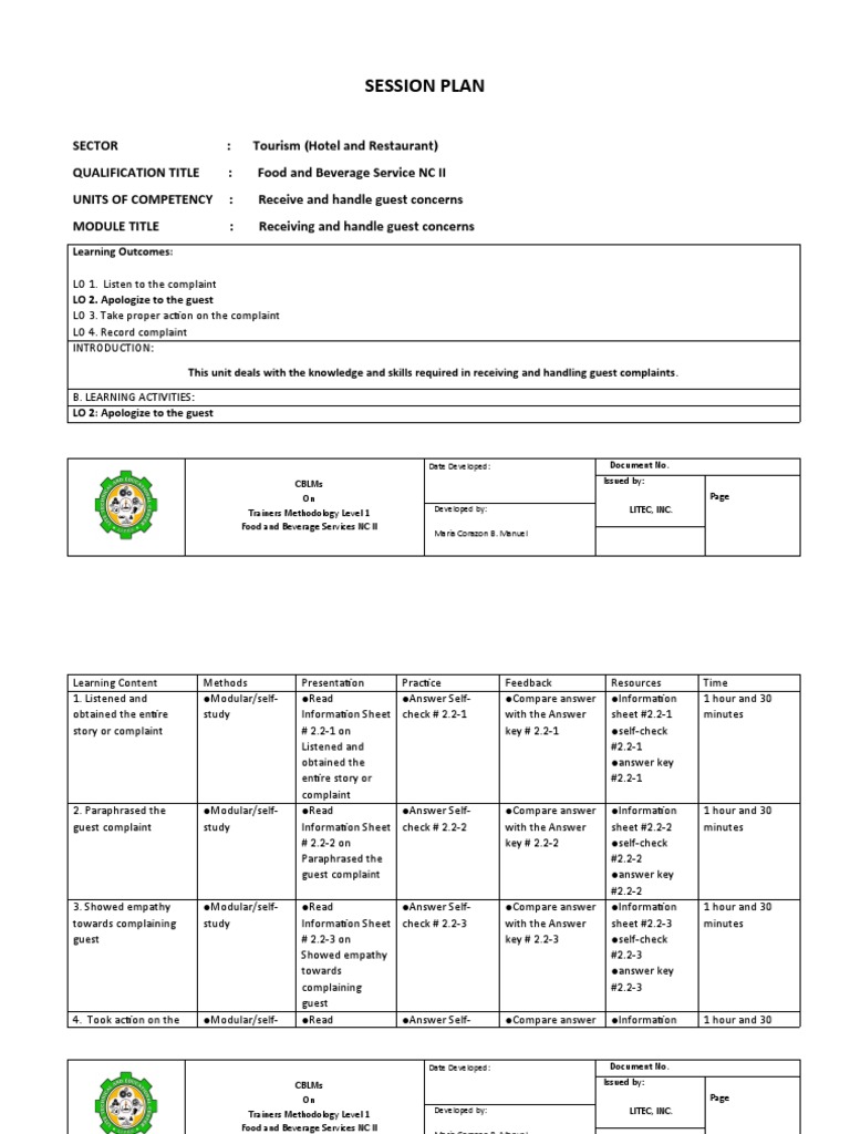 Session Plan Sector Tourism Hotel and Re | PDF | Cognition | Behavior Modification
