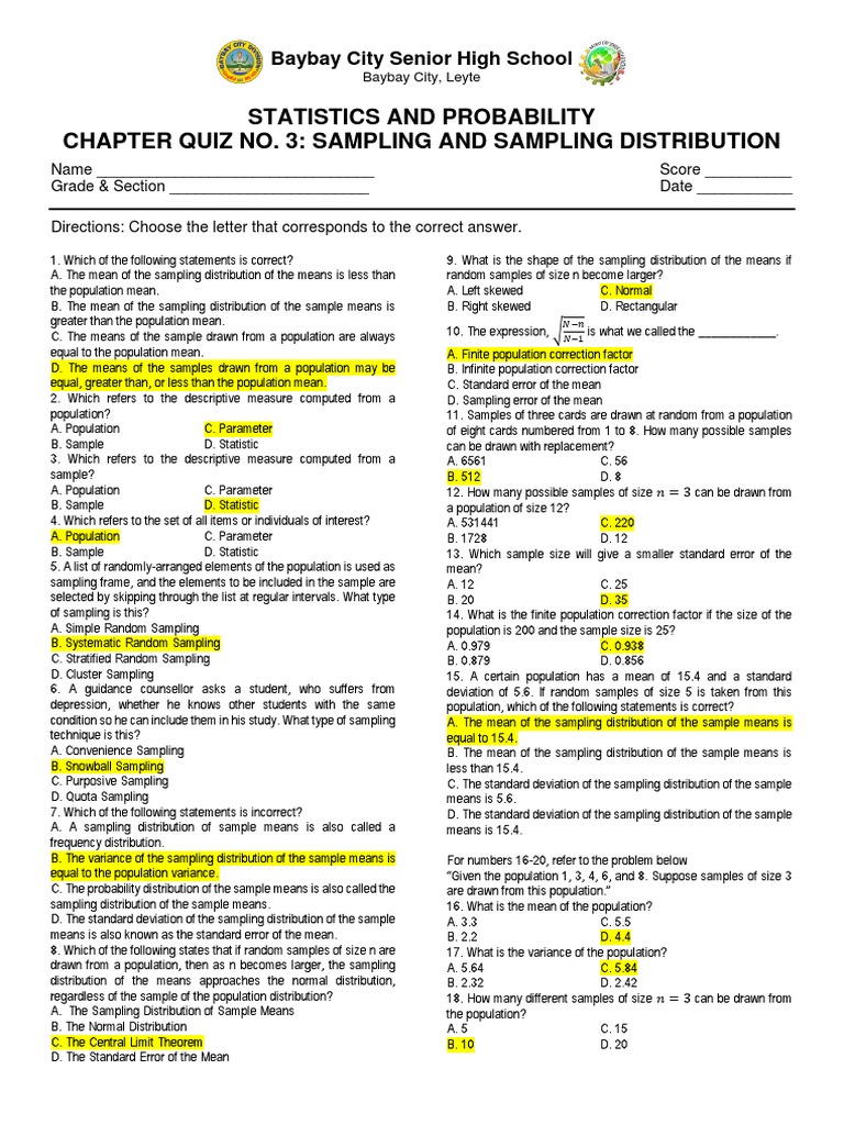 Chapter 3 Quiz | PDF | Standard Error | Sampling (Statistics)