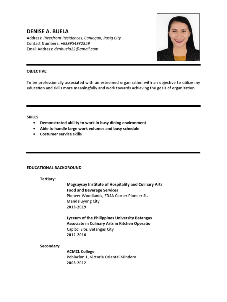 Resume Denise | PDF | Philippines | Restaurants