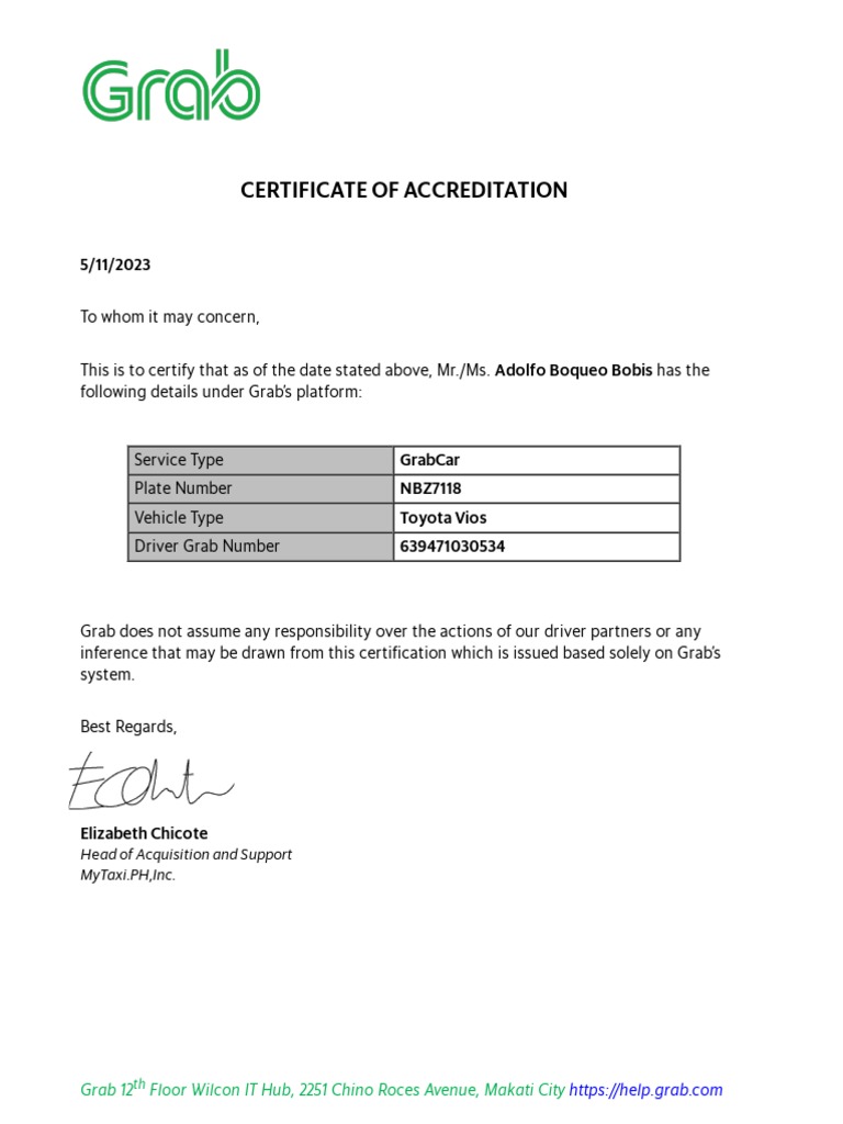 Grab Driver Accreditation Certificate | PDF