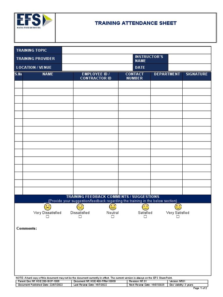 HSE 400-FRM-1006B Training Attendance Form | PDF