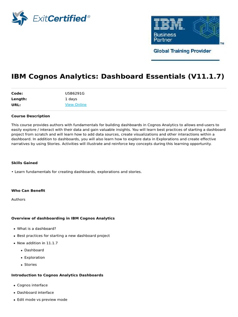 Ibm Cognos Analytics Dashboard Essentials v11 1 7 | PDF