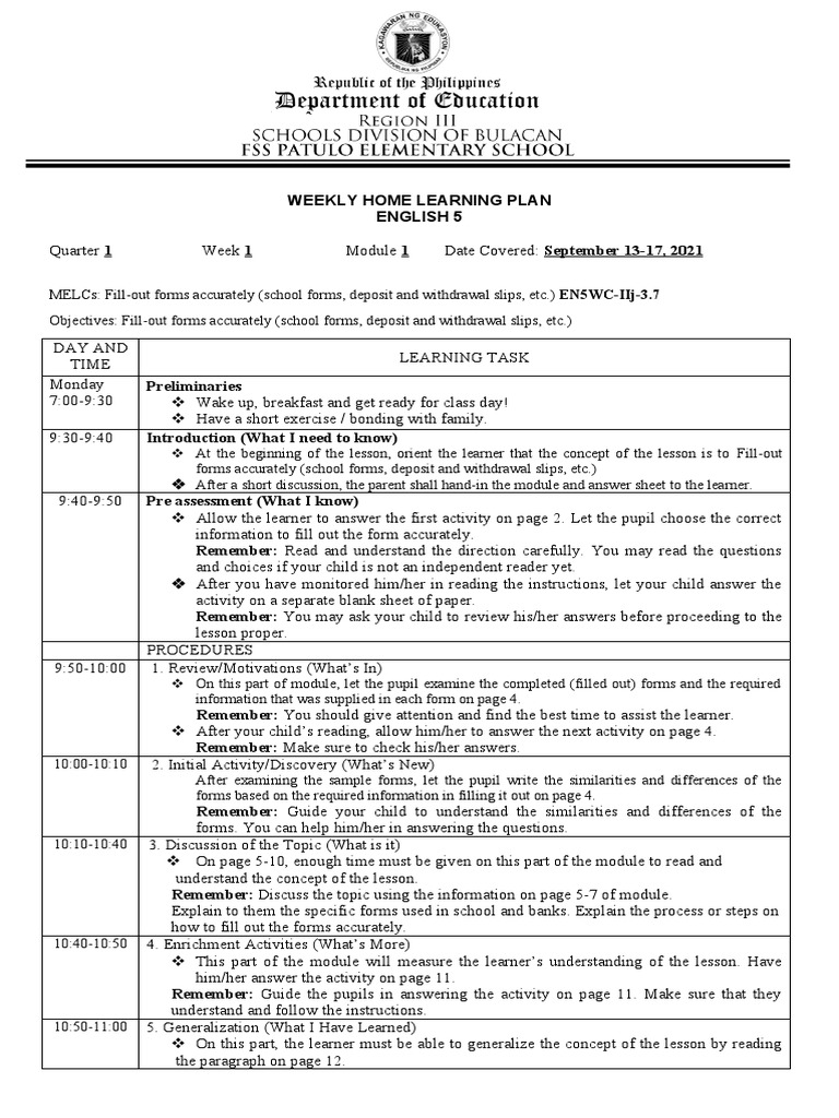 English 5 WHLP Q1 M1 | PDF