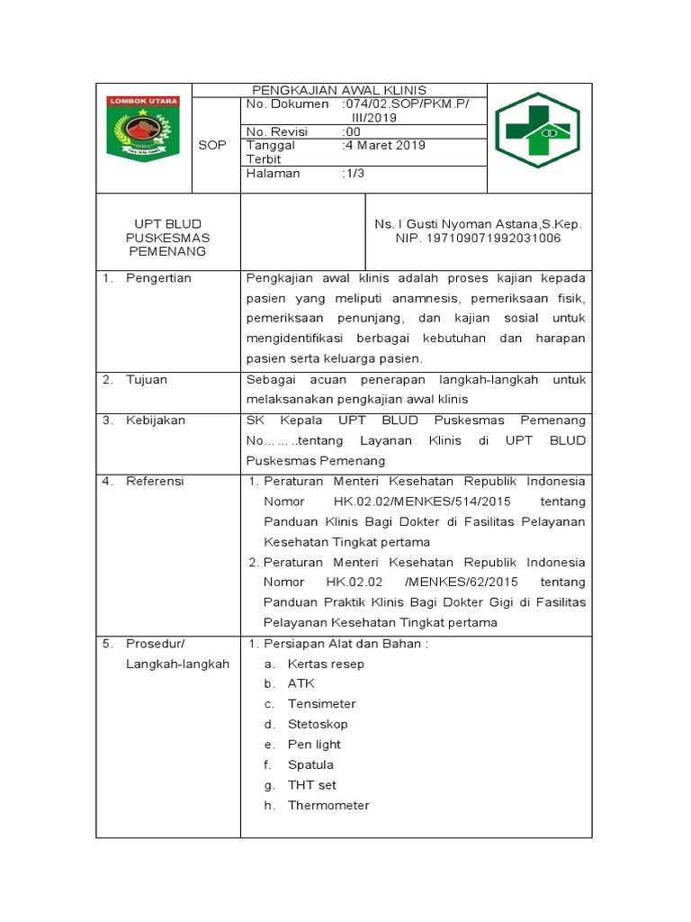 Ep 1. Sop Pengkajian Awal Klinis | PDF | Pengembangan Diri | Kesehatan Holistik