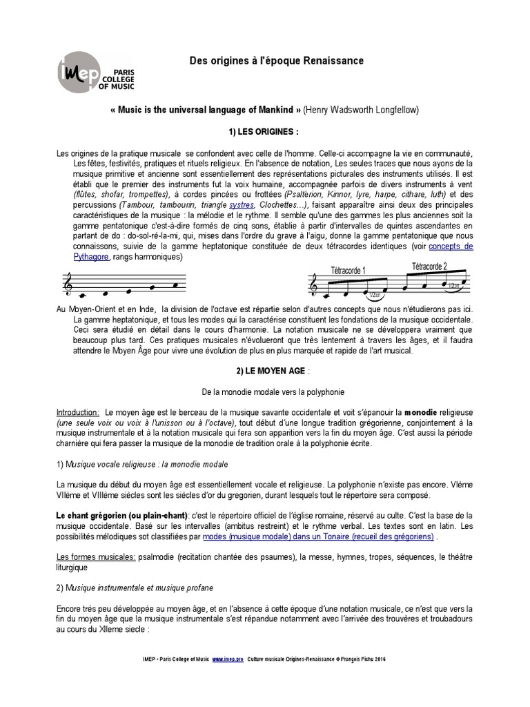 Origines et Évolution de la Musique | PDF | Chant grégorien | Gamme ...