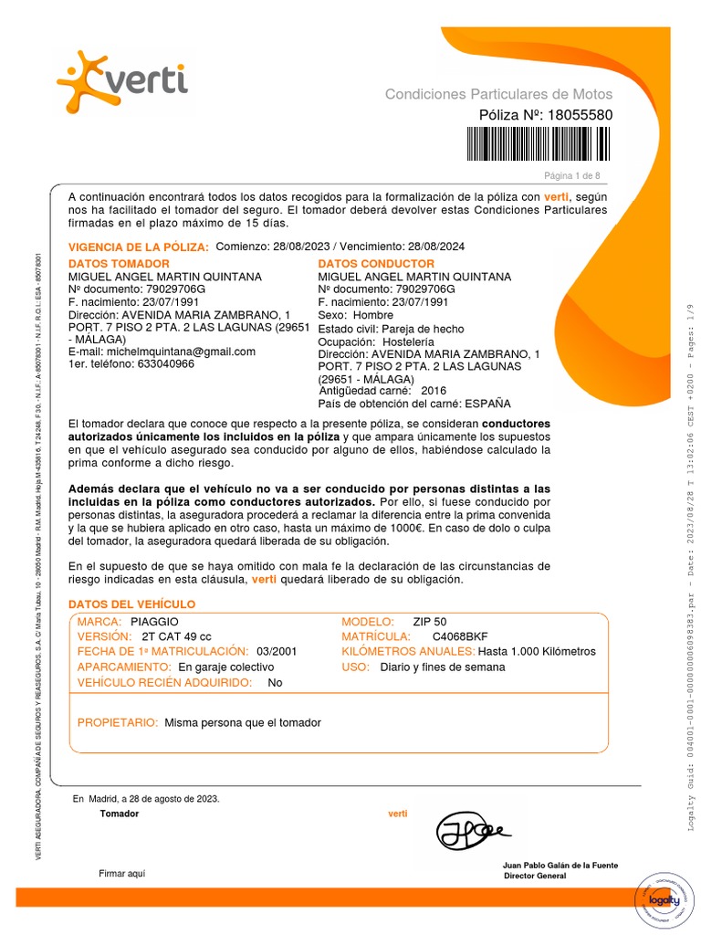 Condiciones Particulares de Motos: Póliza Nº: 18055580 | PDF | Seguro | Póliza de seguros