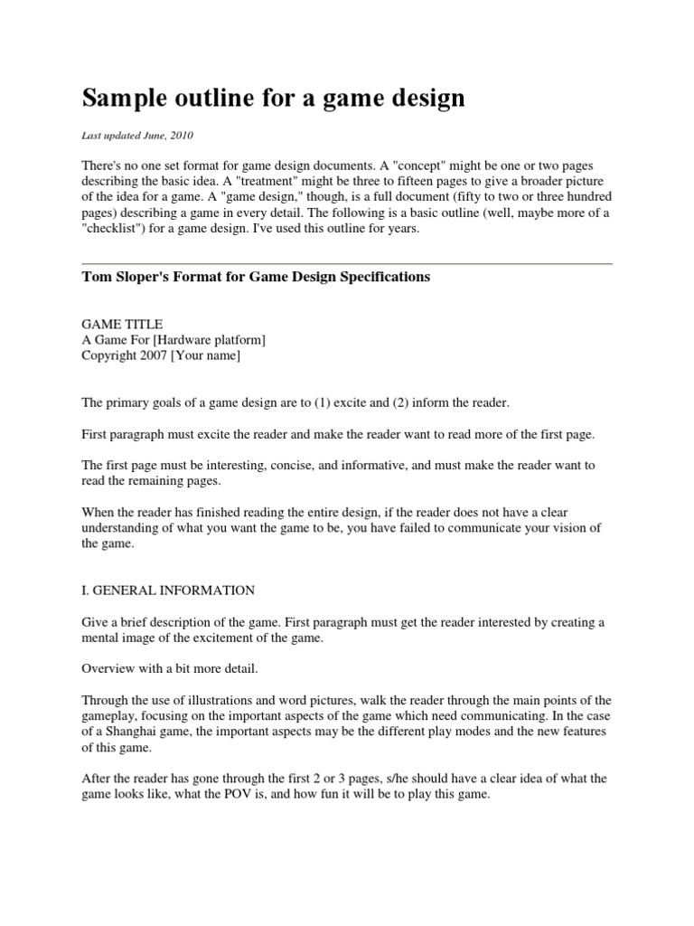 Sample Outline For A Game Design Pdf Graphics Game Design