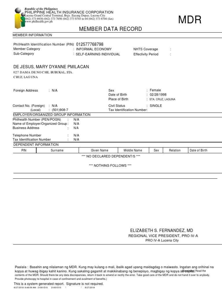 Member Data Record: Philippine Health Insurance Corporation | PDF ...