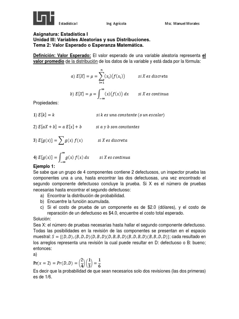 Esperanza Matemática | PDF | Valor esperado | Variable aleatoria
