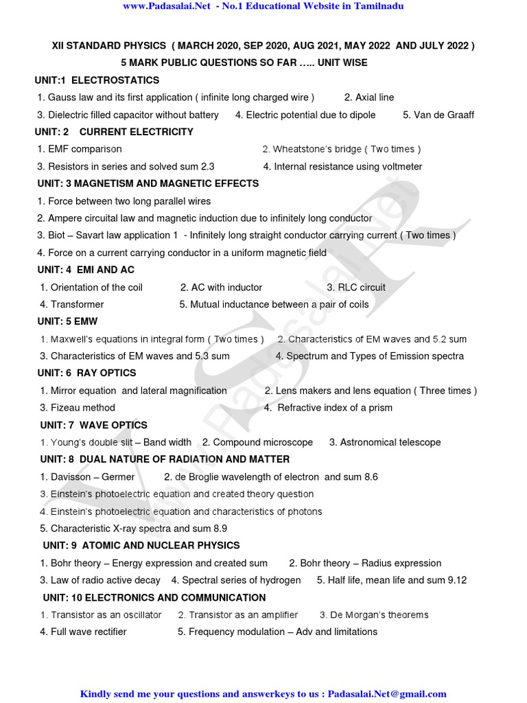12th Physics EM Important 5 Marks Public Questions English Medium PDF Download | PDF ...