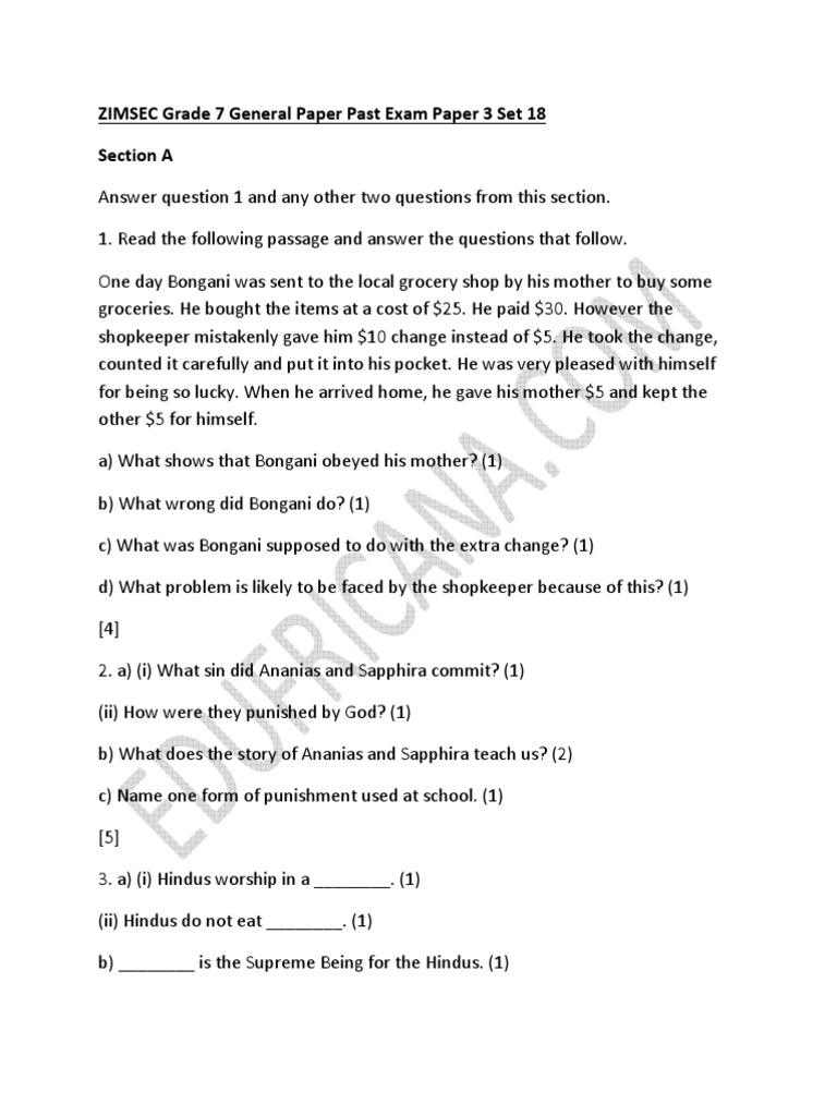 ZIMSEC Grade 7 Past Exam Paper 2025 | PDF | Water