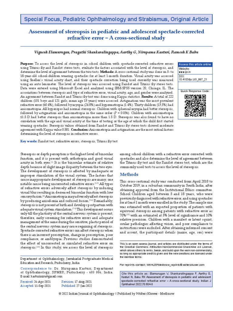 Assessment of Stereopsis in Pediatric and Adolescent Spectacle ...