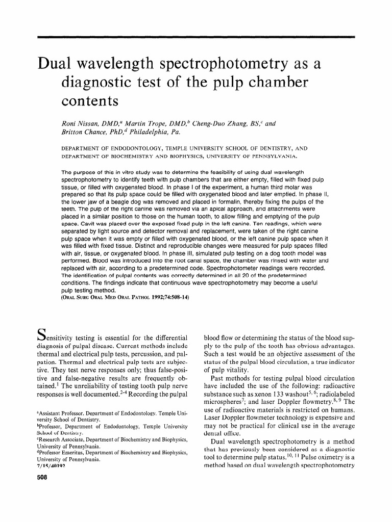 Dual Wavelength Spectrophotometry As A Diagnostic Test of The Pulp ...