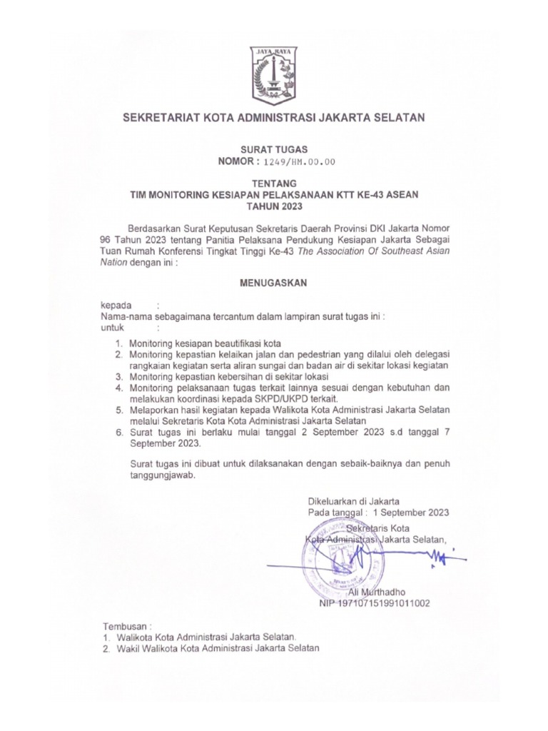 Surat Tugas Monitoring KTT Asean | PDF