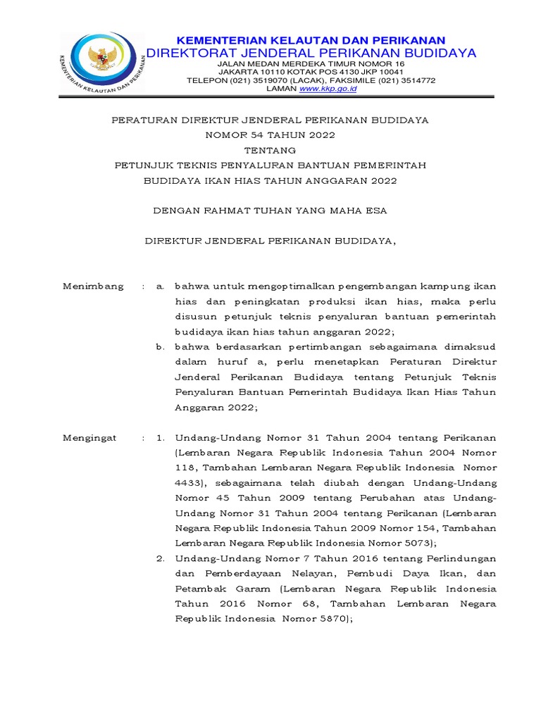 Perdirjen No 54 TH 2022 Tentang Juknis BP Ikan Hias 2022 - Otentifikasi | PDF