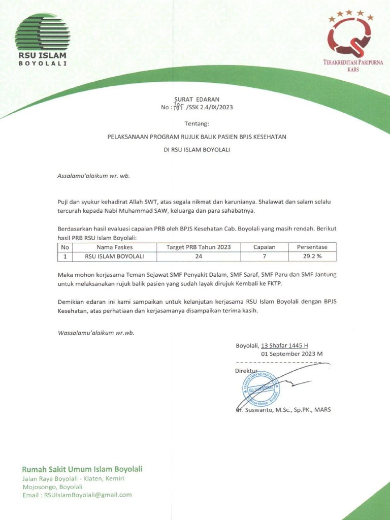 Surat Edaran Pelaksanaan Program Rujuk Balik Pasien BPJS Kes. RSU Islam ...