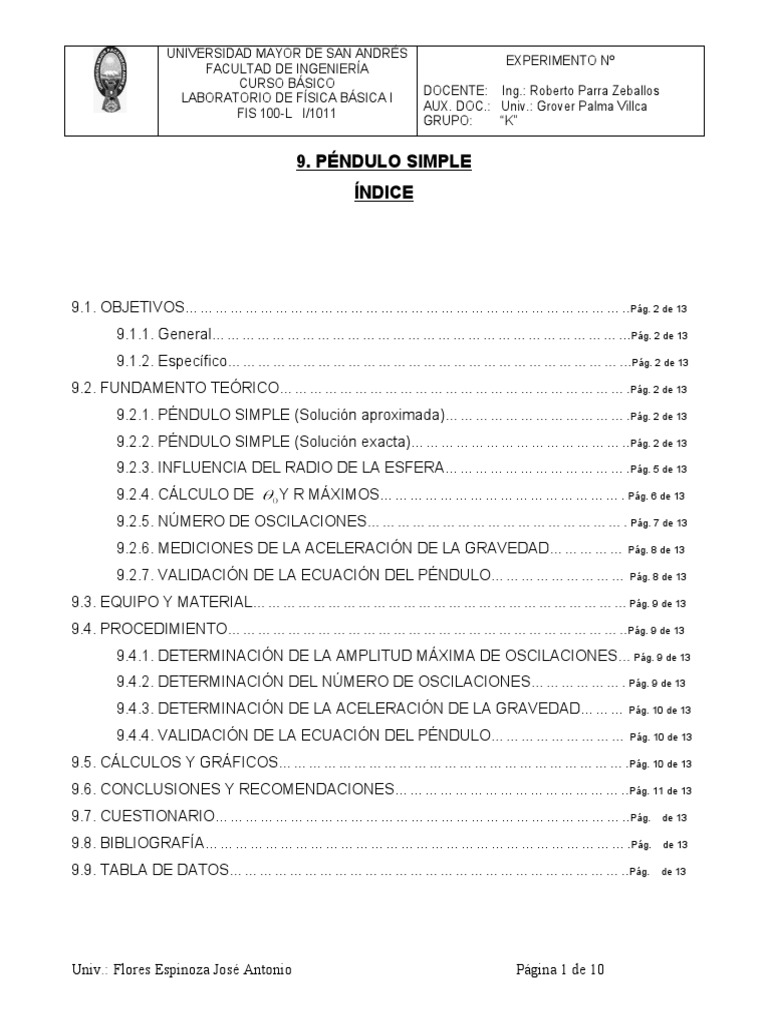 Informe Péndulo Simple | PDF | Péndulo | Ecuaciones