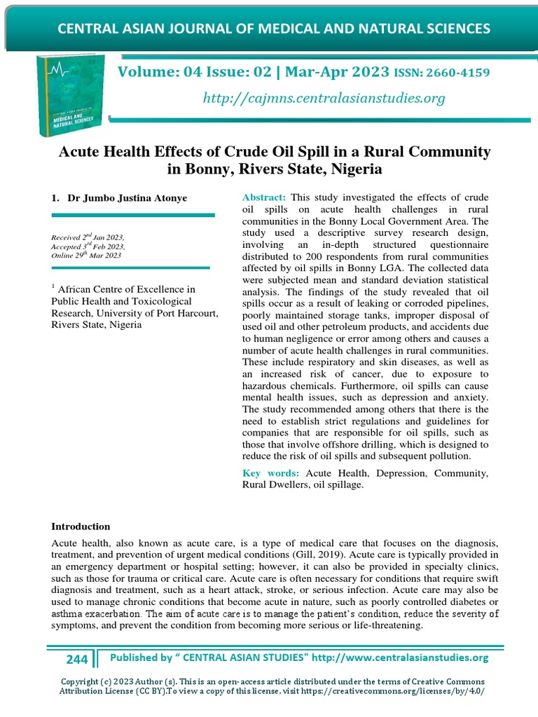 Acute Health Effects of Crude Oil Spill in A Rural Community in Bonny ...