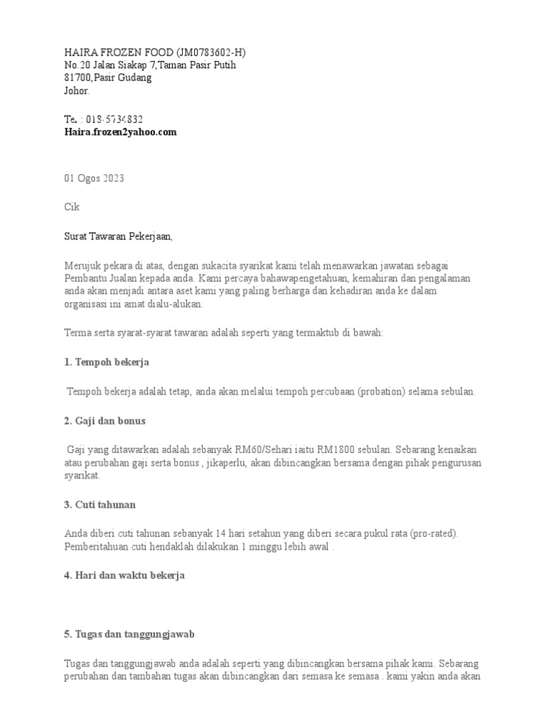 Haira Frozen Food Offer Letter | PDF