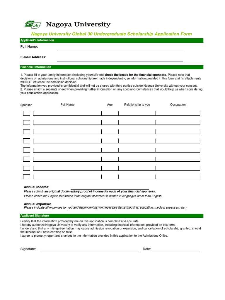 Nagoya University Scholarship Application Form | PDF