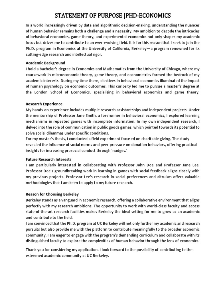 PhD Economics Statement of Purpose | PDF | Behavioral Economics | Economics