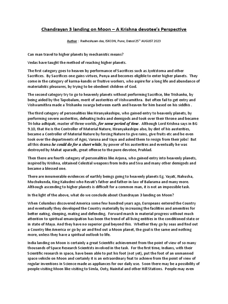 Chandrayan 3 Landing On Moon - A Krishna Devotee Perspective | PDF ...