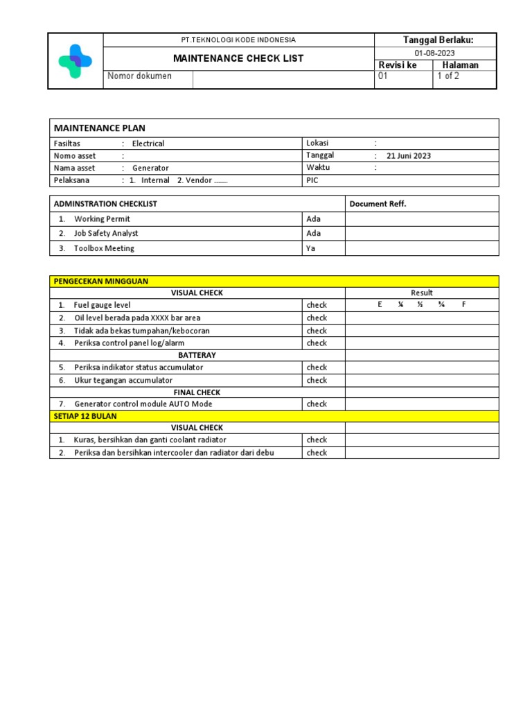 B1.Checklist Genset | PDF