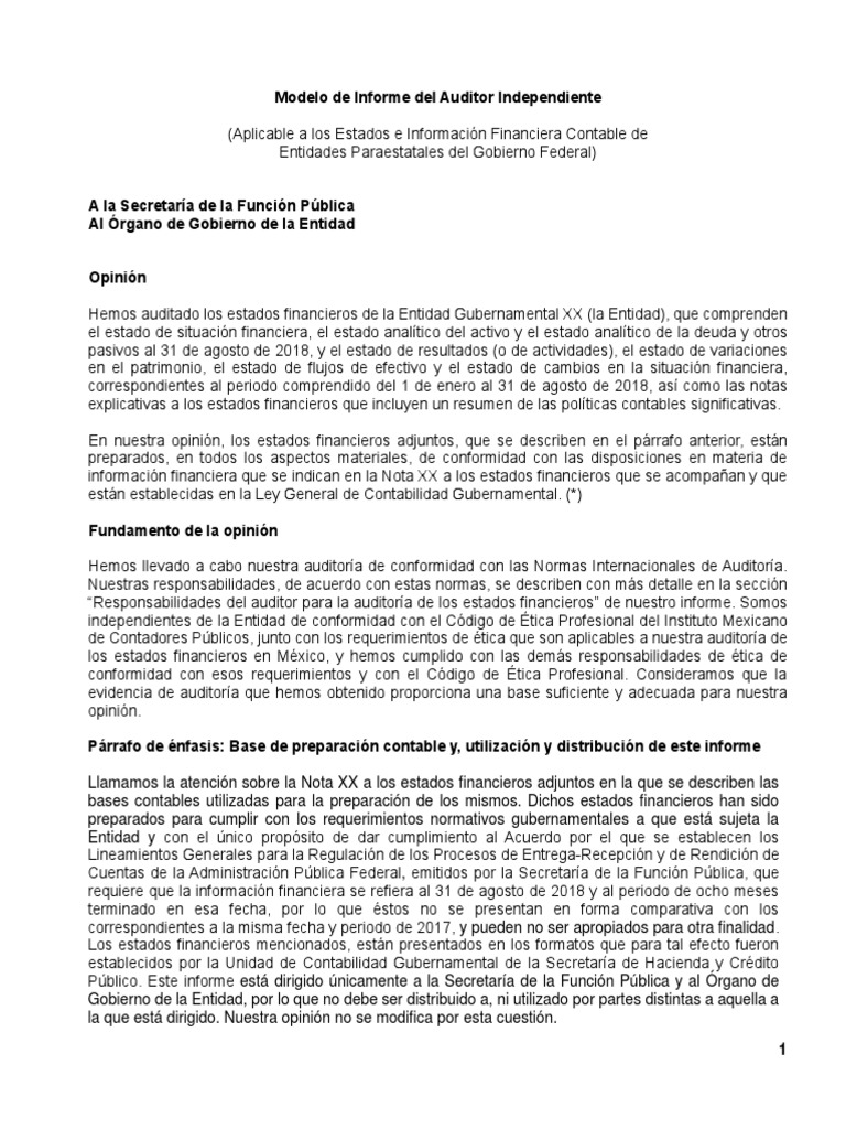 Anexo Modelo de Informe Del Auditor Independiente 2 | PDF | Auditoría | Estado financiero