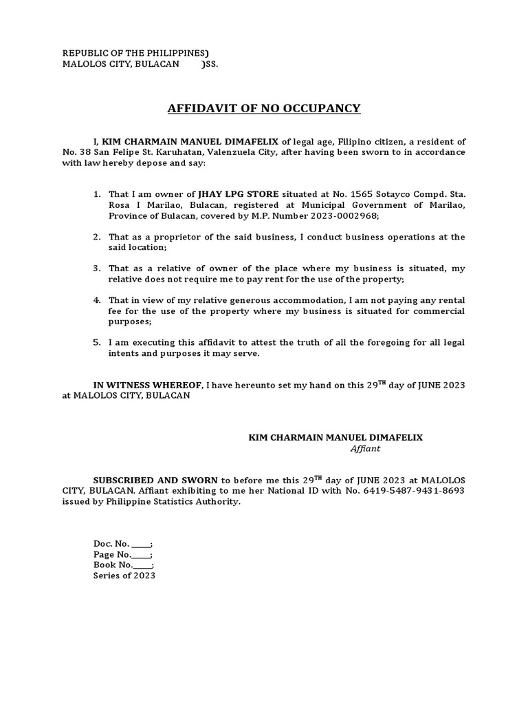 Affidavit of No Occupancy | PDF