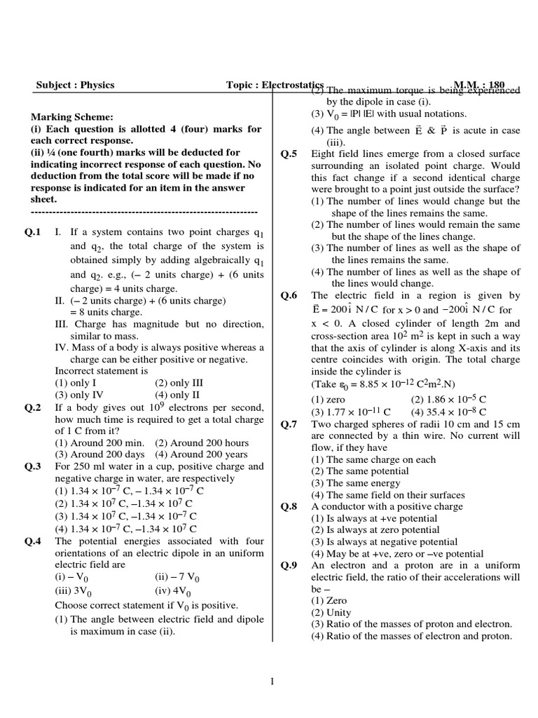 XII Physics - Chapter - Test 16 Electrostatics | PDF | Capacitor ...