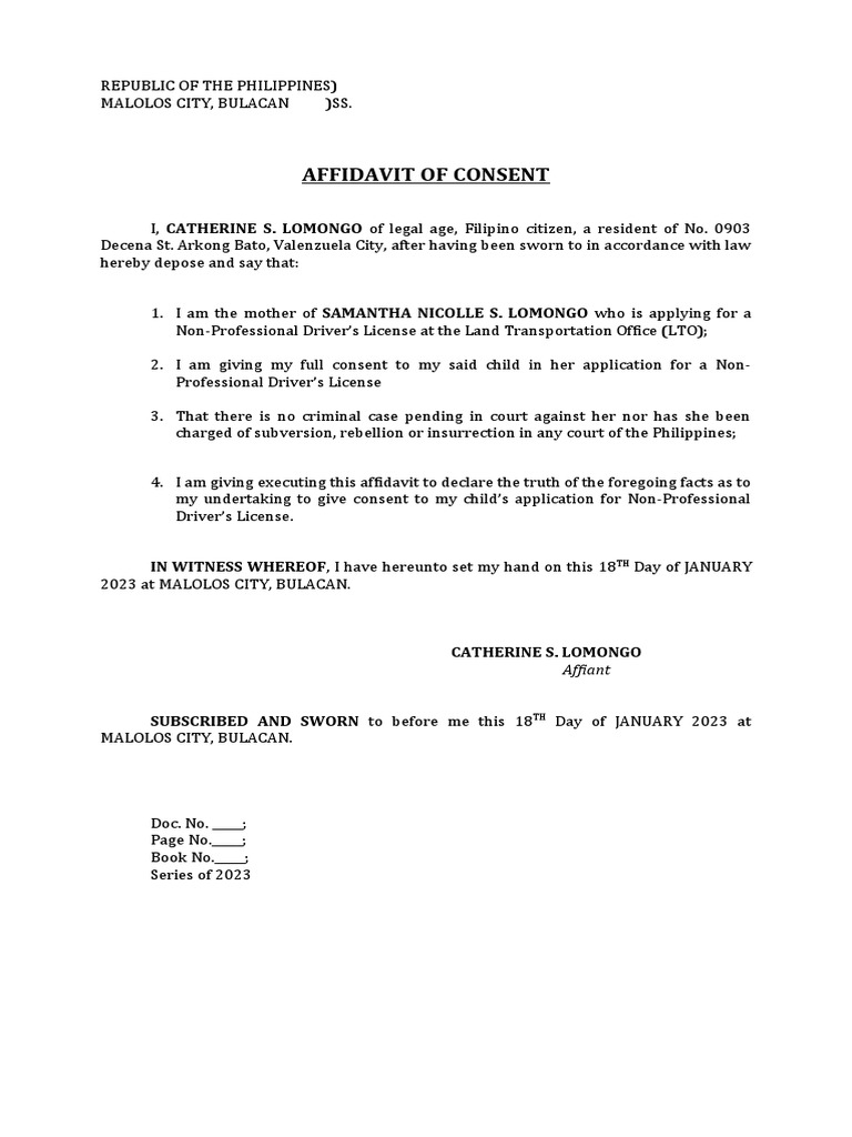 AFFIDAVIT OF CONSENT LTO | PDF