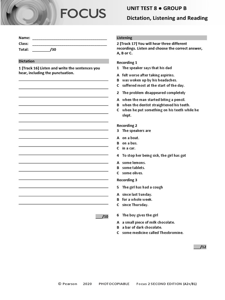Focus2 2e Unit Test Dictation Listening Reading Unit8 Groupb Pdf