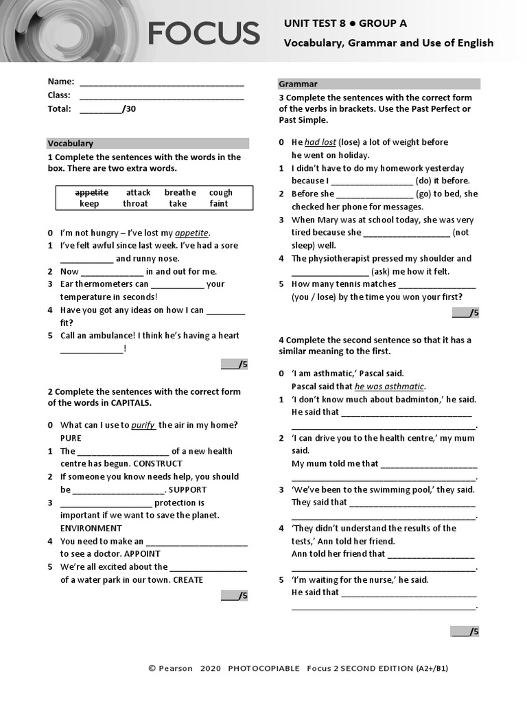 Focus2 2E Unit Test Vocabulary Grammar UoE Unit8 GroupA | PDF