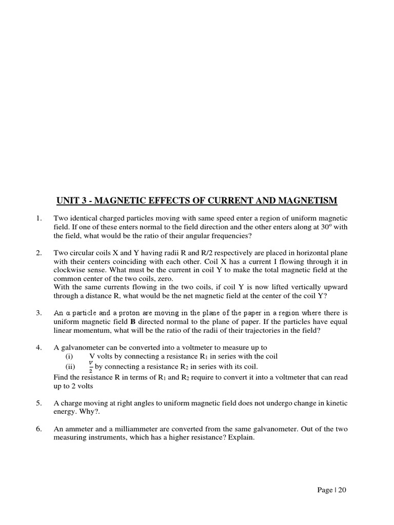 Magnetic Effects of Current and Magnetism - Class 12 Questions | PDF ...